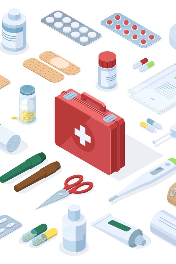 Isometric medical pharmacy first aid kit equipment. Medical