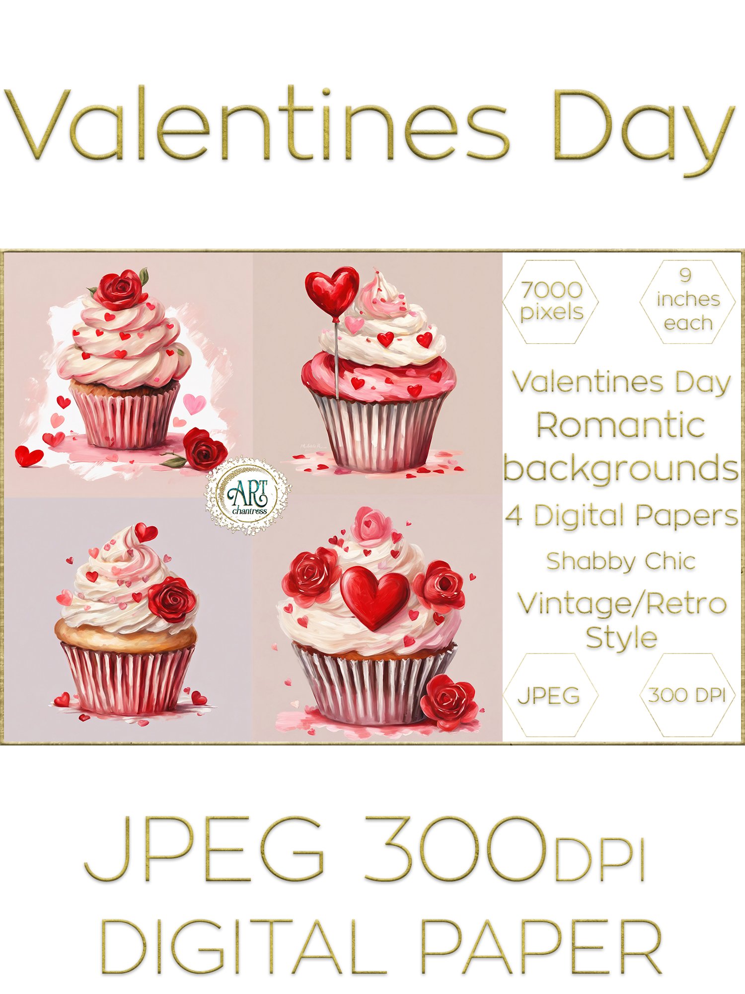 Valentines Day Cupcake Watercolor Digital Papers (3176214)