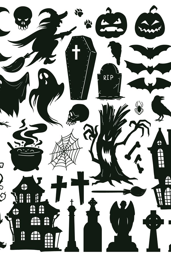 Halloween spooky elements. Cartoon halloween spooky evil sil