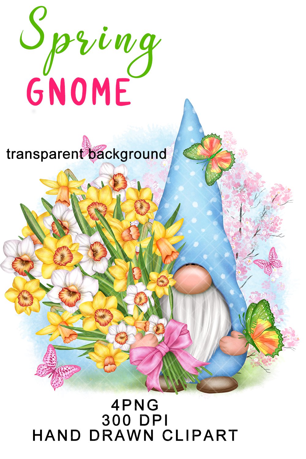 Spring Gnome PNG Clipart/Daffodils Bouquet Sublimation
