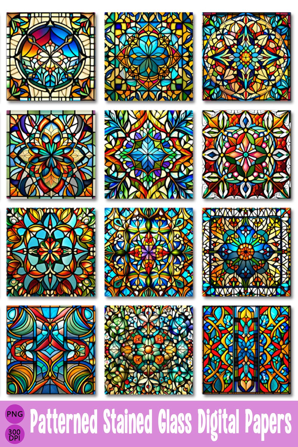 Patterned Stained Glass Seamless Digital Papers Backgrounds