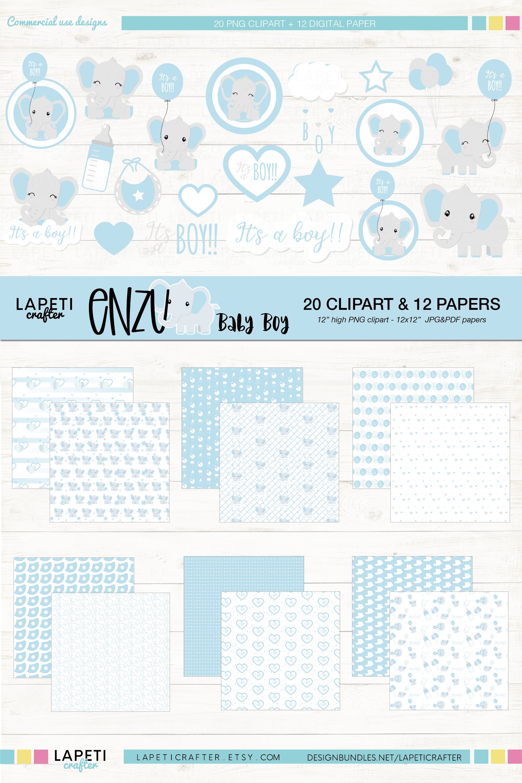 Baby Boy Elephant Scrapbooking Bundle, Digital Paper clipart