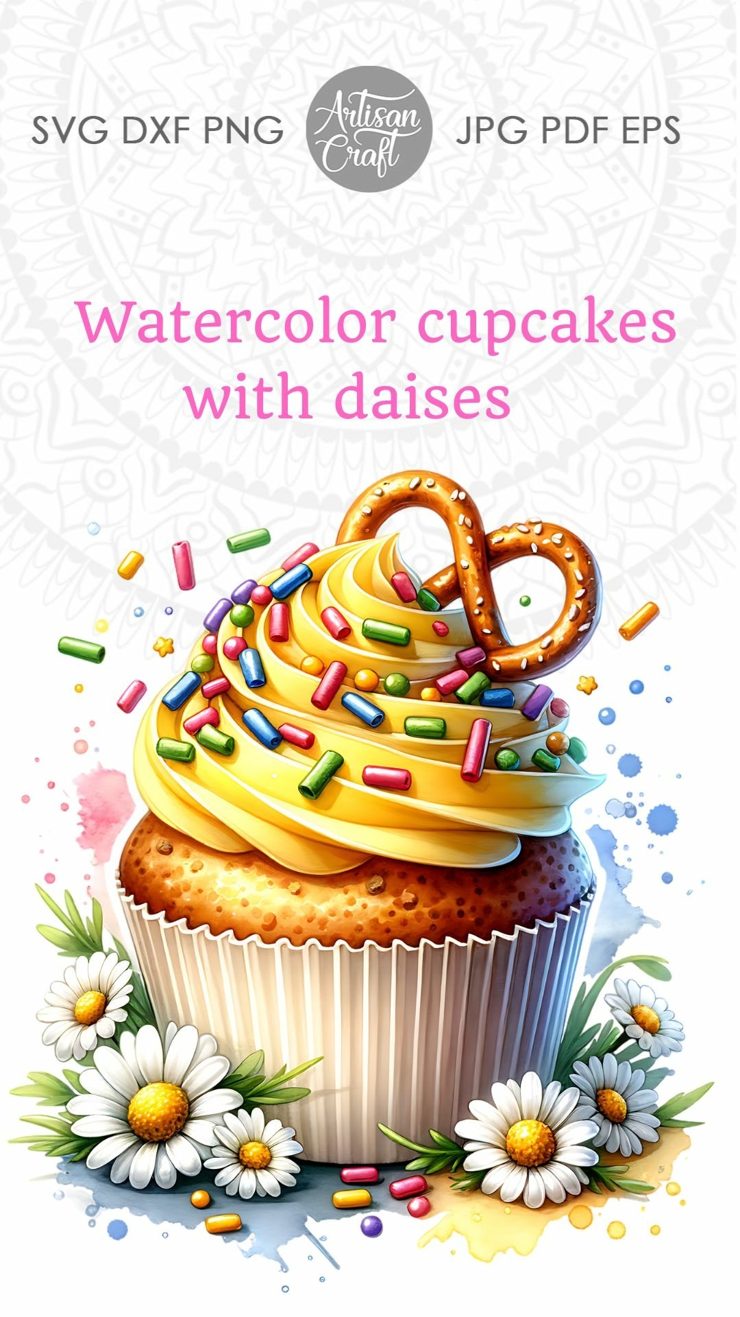 Watercolor cupcake with pretzel sprinkles and daisies
