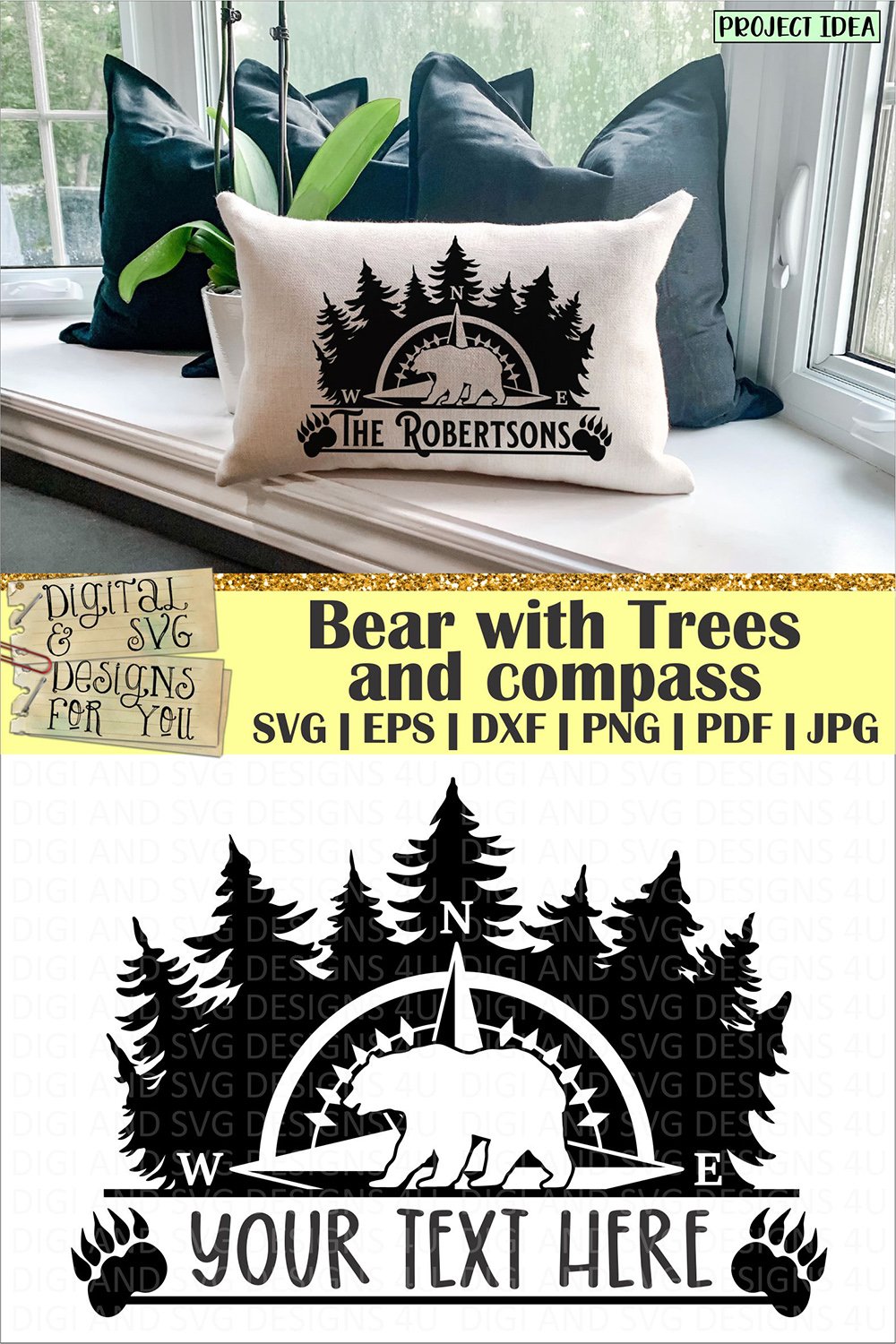 Bear with Trees and compass, pine trees svg, compass