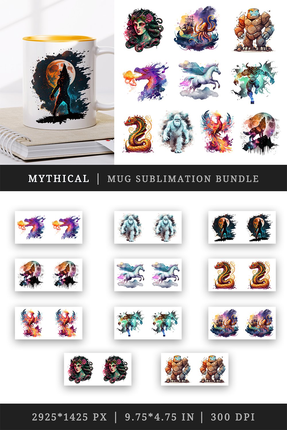 Mythical creature mug, cup wrap sublimation design bundle