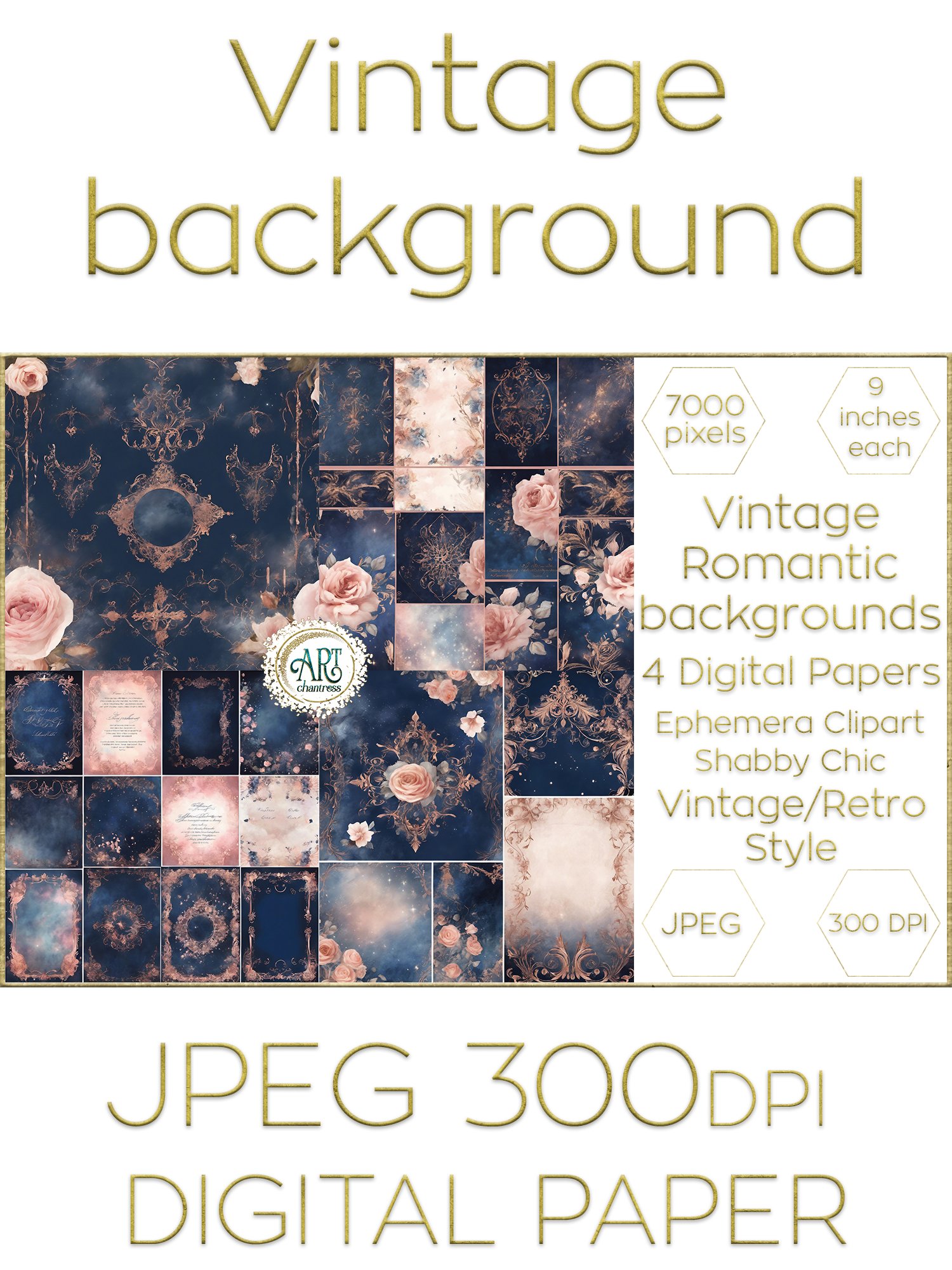 Vintage Classic digital papers Bohemian navy and pink decor