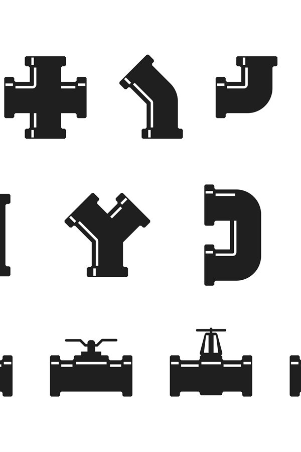 Pipe fittings, water tubes icons. Plumbing, construction pip