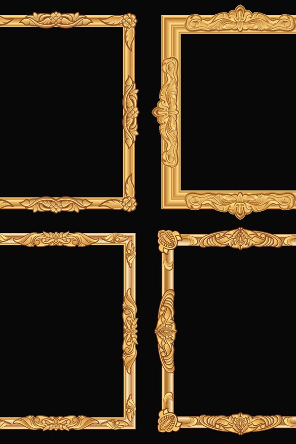 Vintage gold ornate square frames isolated. Retro shiny luxu