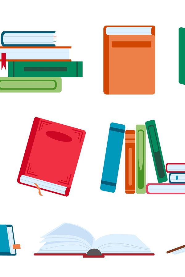 Flat open and close books, library piles and stacks. Novel b