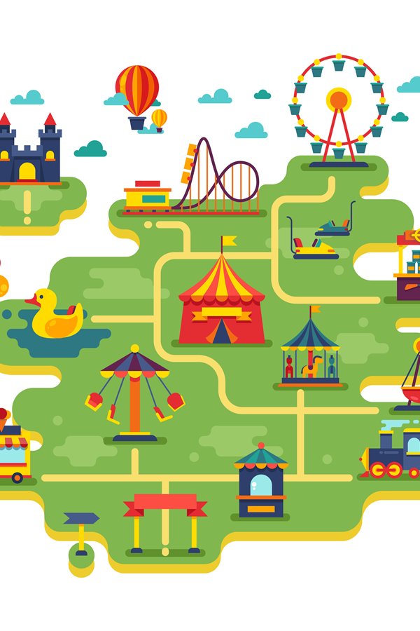 Family fun amusement park vector map. Entertainment in vacat