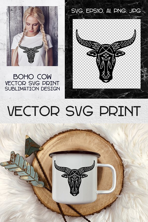 Boho cow with horns silhouette mystic art SVG - Cut File