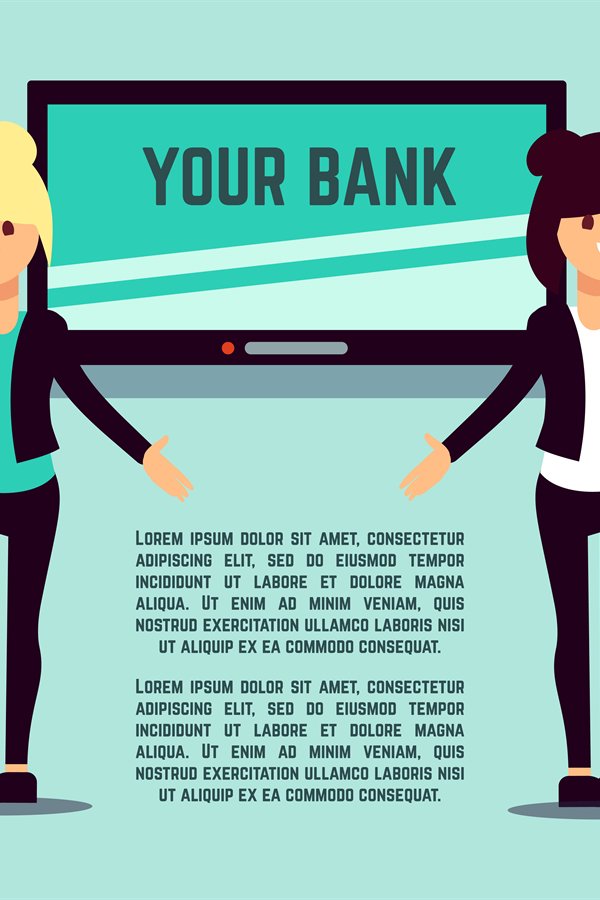 Welcome bank info page with flat girls and screen