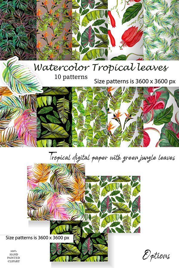 Tropical digital paper with green jungle leaves