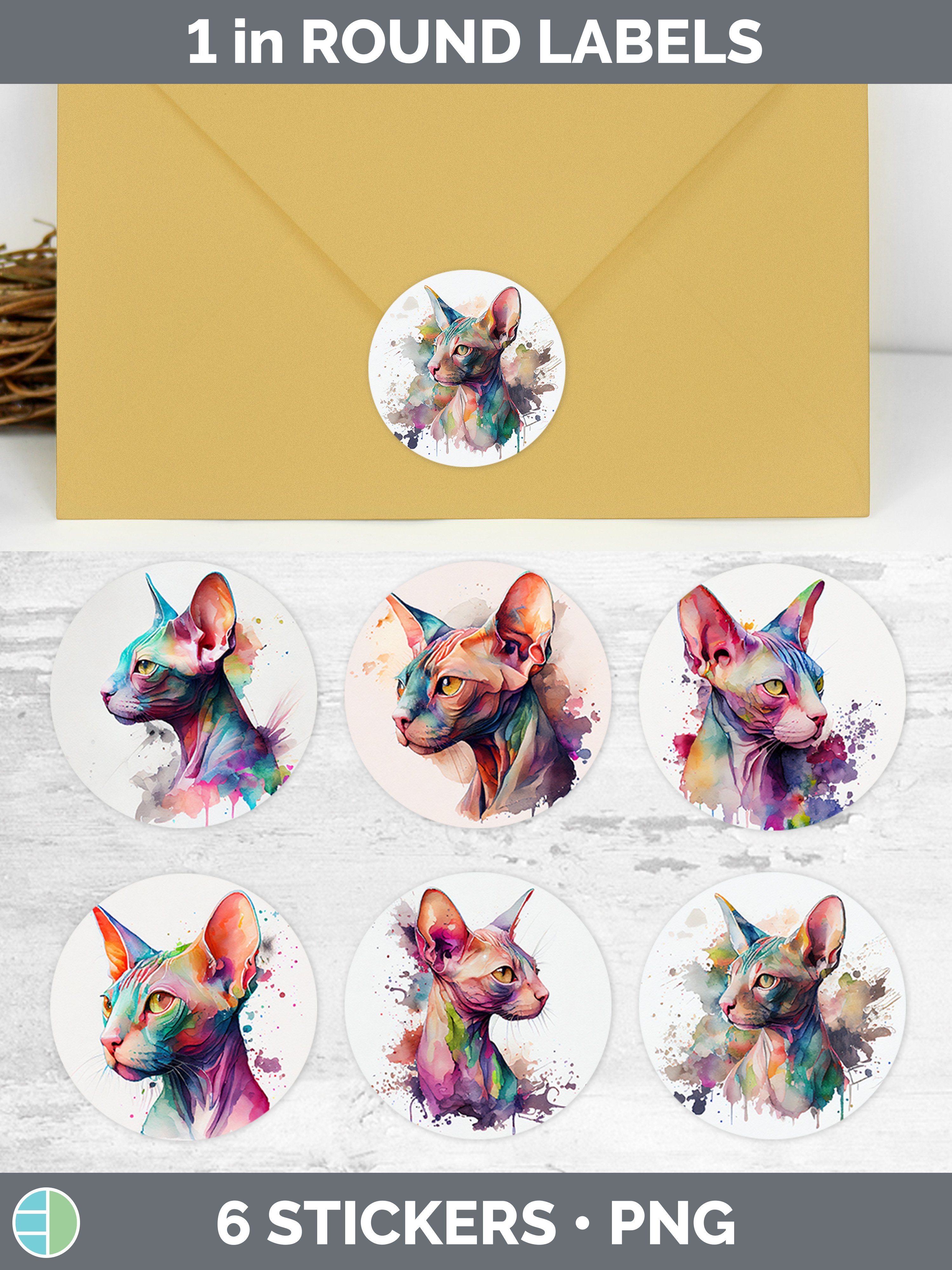 Rainbow Sphynx Cat Stickers | Round Labels Designs Bundle