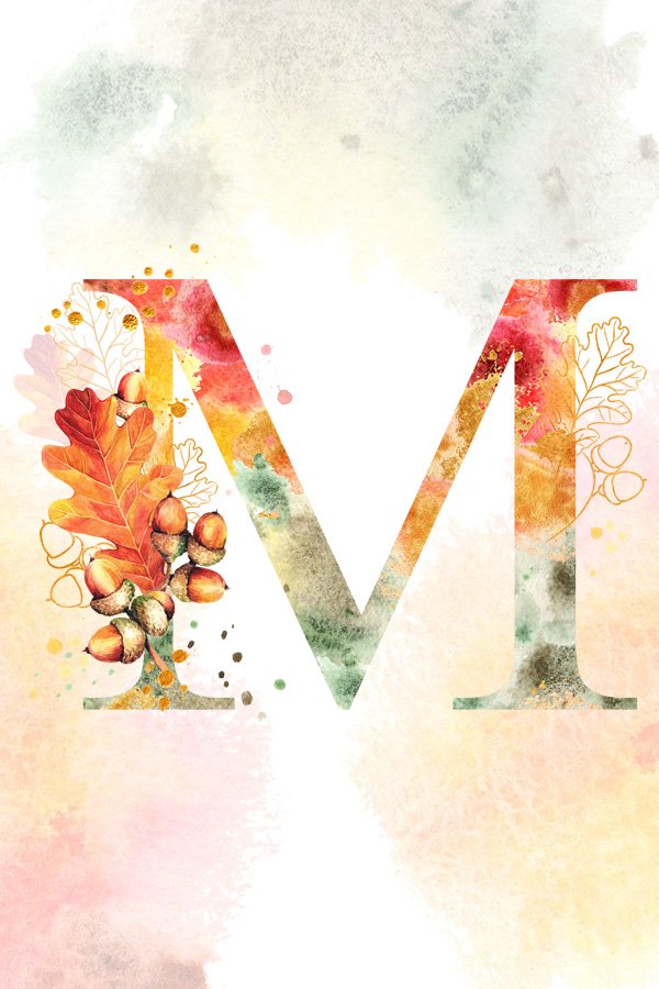 Fall Watercolor Letter, Monogram M clipart JPG PNG