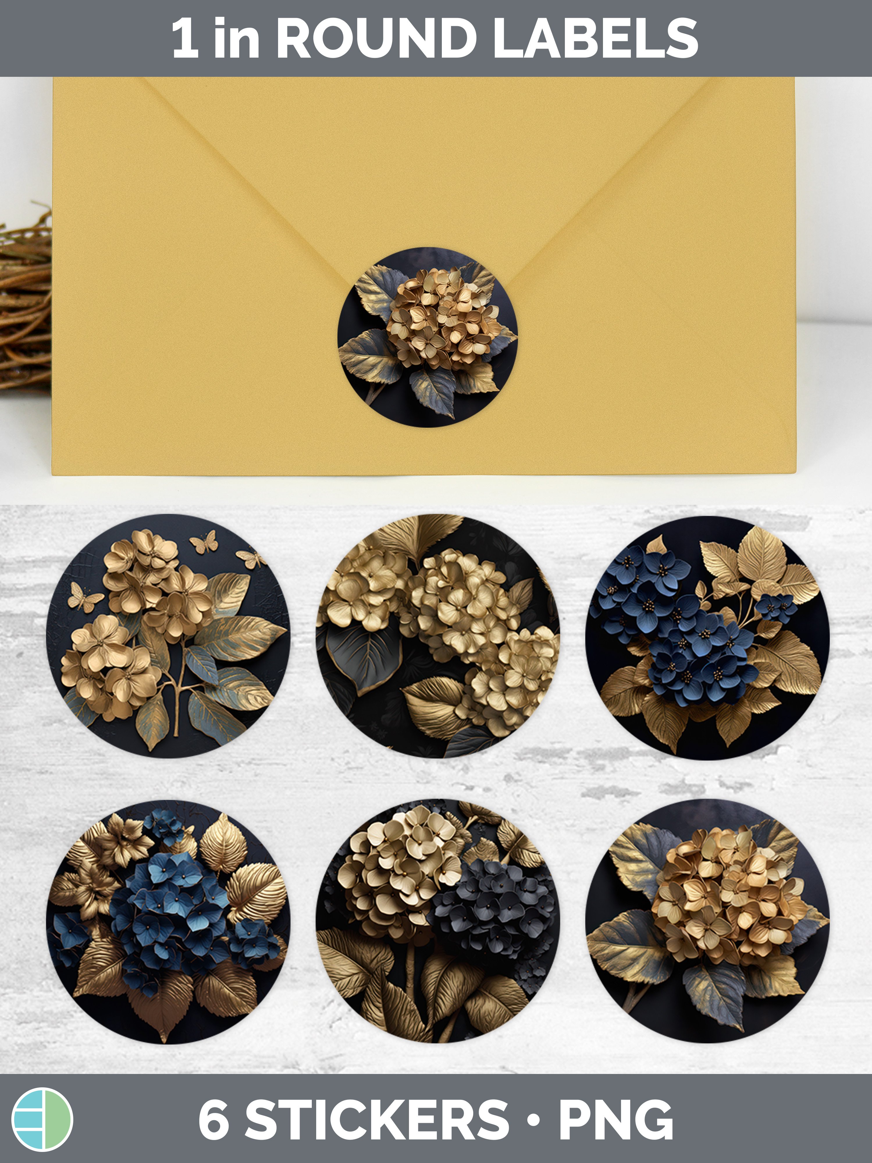 3D Elegant Hydrangea Flowers Stickers | Round Labels Designs