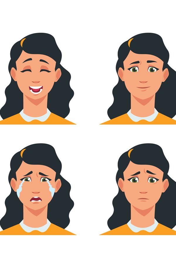 Face expression. Cartoon girl character with sad happy angry