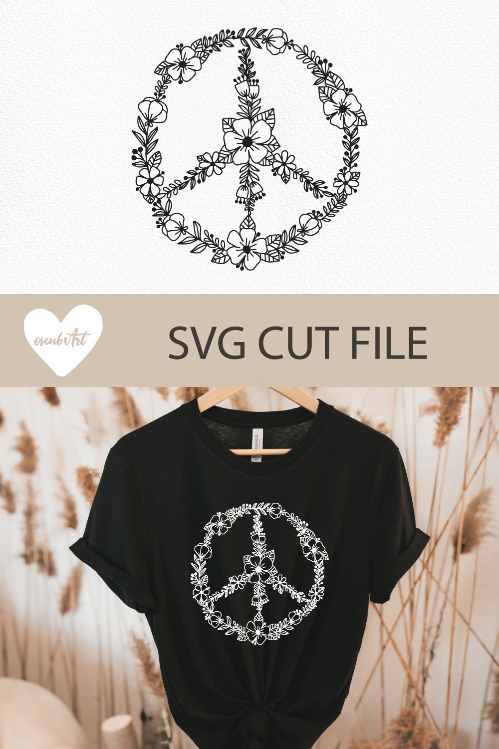 Peace Sign SVG, Floral Wreath with Flowers, Hippie SVG