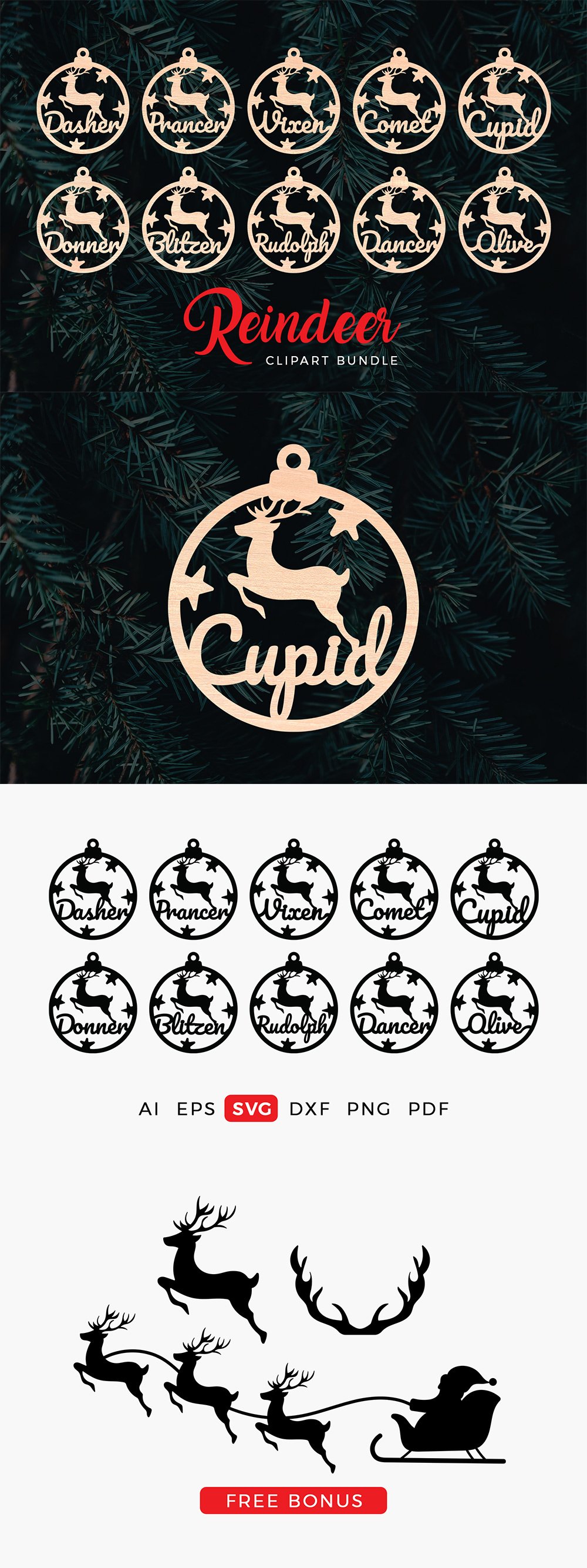 Reindeer Christmas Tree Ornaments Clipart Bundle