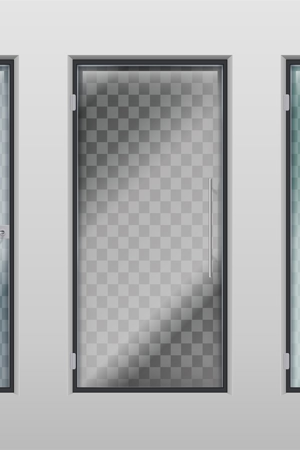 Glass office doors. Modern interior transparent door with ha