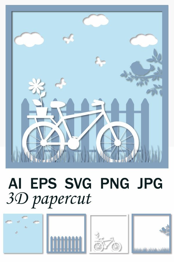 3D Paper Cut Out Bike by Fence Multi-Layer Shell Pattern