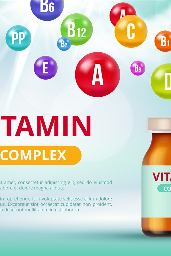 Vitamins poster. Medical bottles with multivitamins mineral