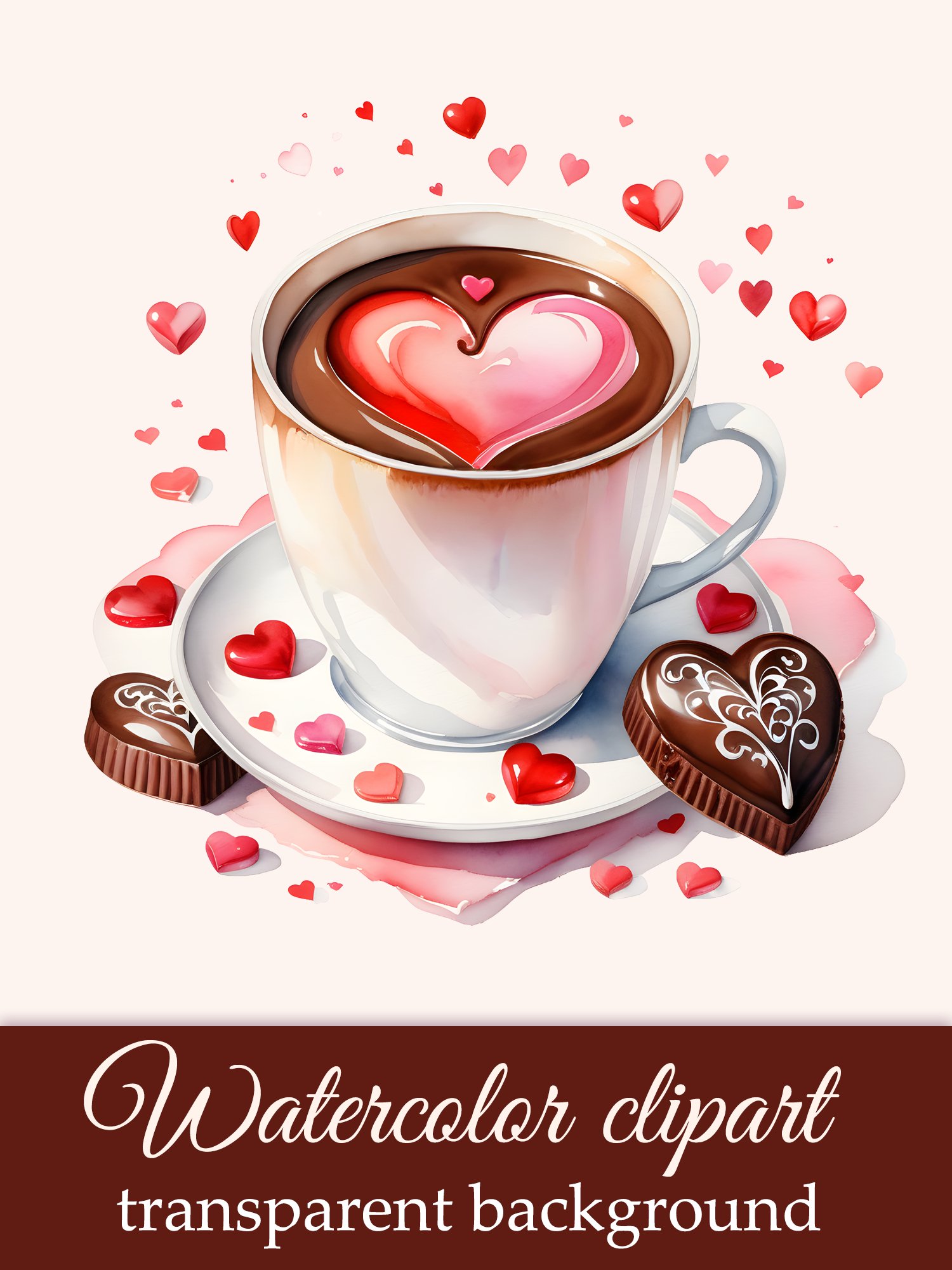 Watercolor coffee cup with hearts and chocolate, clipart Png