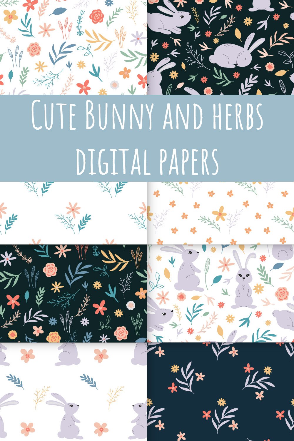 Cute Bunny Seamless Patterns. Bunny and herbs digital paper