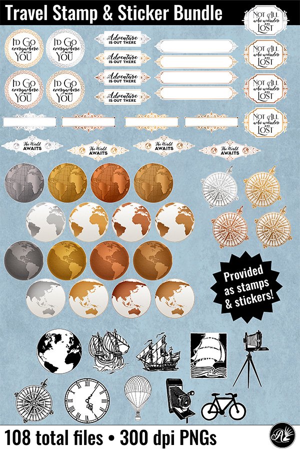 Travel stamps and stickers for scrapbooking