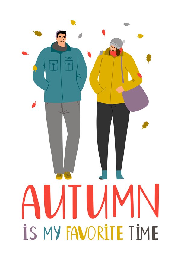 Autumn couple. Young people in falling leaves vector illustr