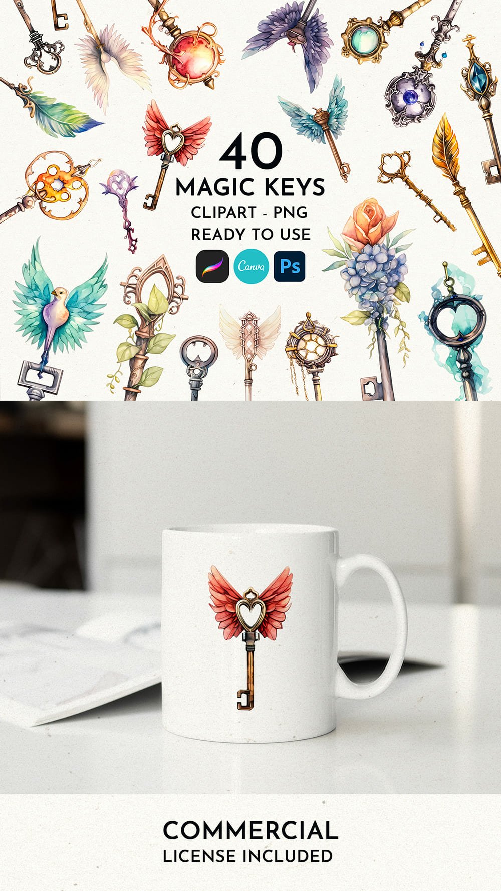Magic key clip art, Watercolor key clipart, Flying key png