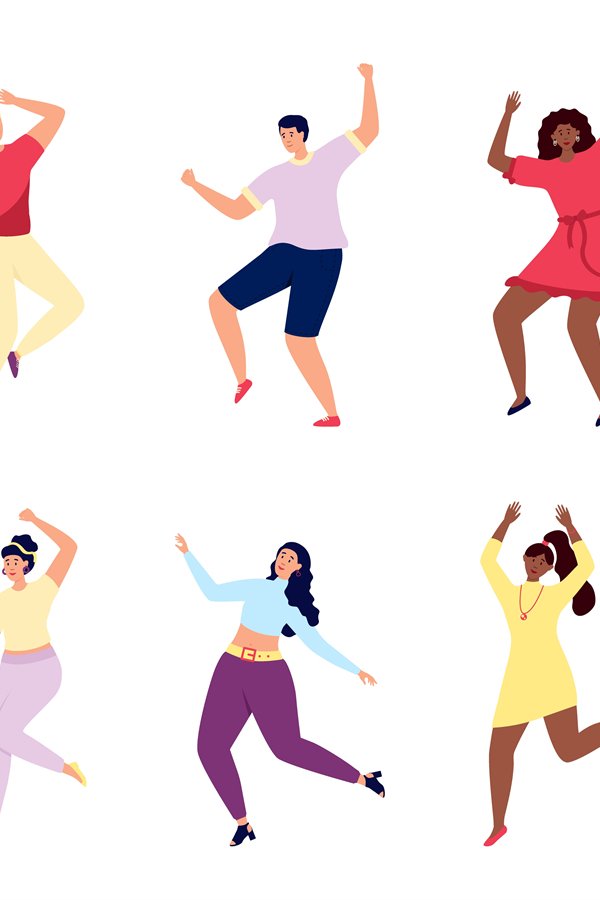 Happy dancing characters. Excitement girl and boy dance, iso