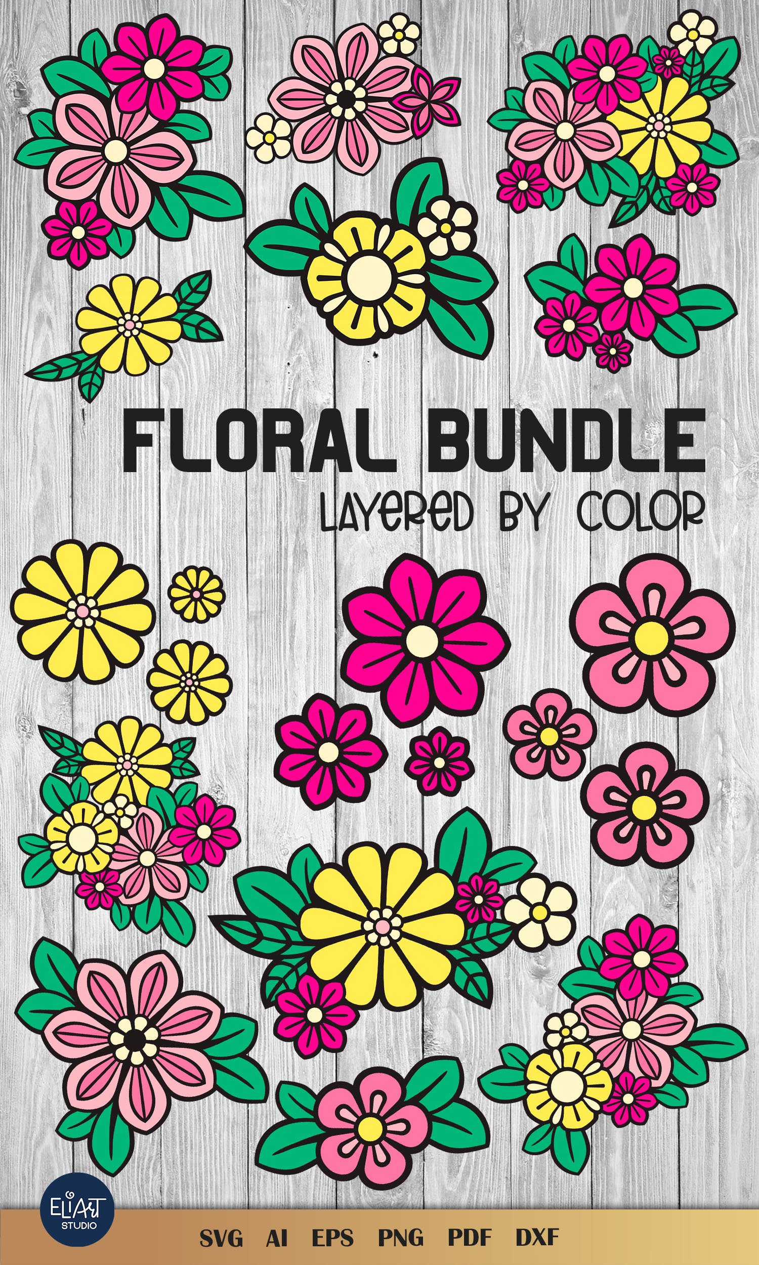Floral Vinyl Bundle SVG | Layered by Color Flowers SVG