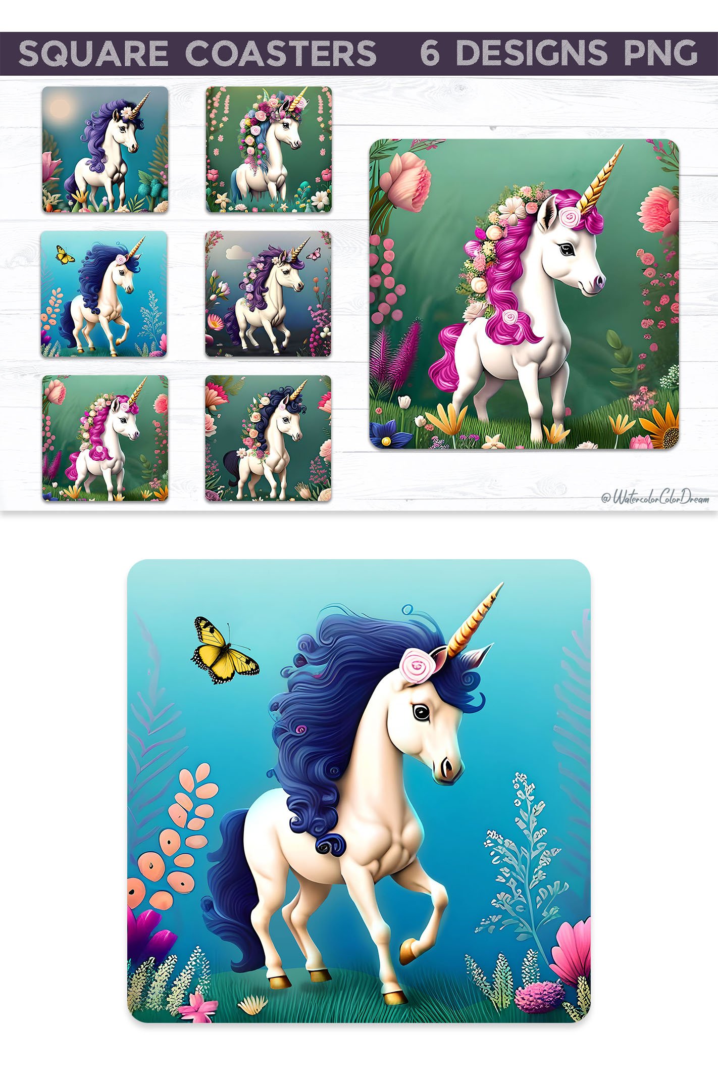 Unicorn Square Coaster Bundle | 3D Animal Coaster PNG