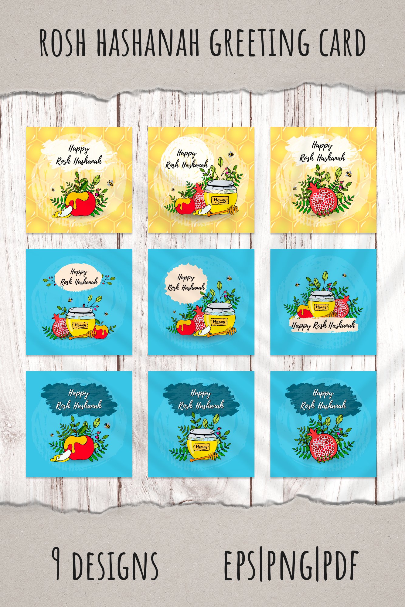 Rosh Hashanah greeting cards | Jewish holiday | EPS PNG PDF