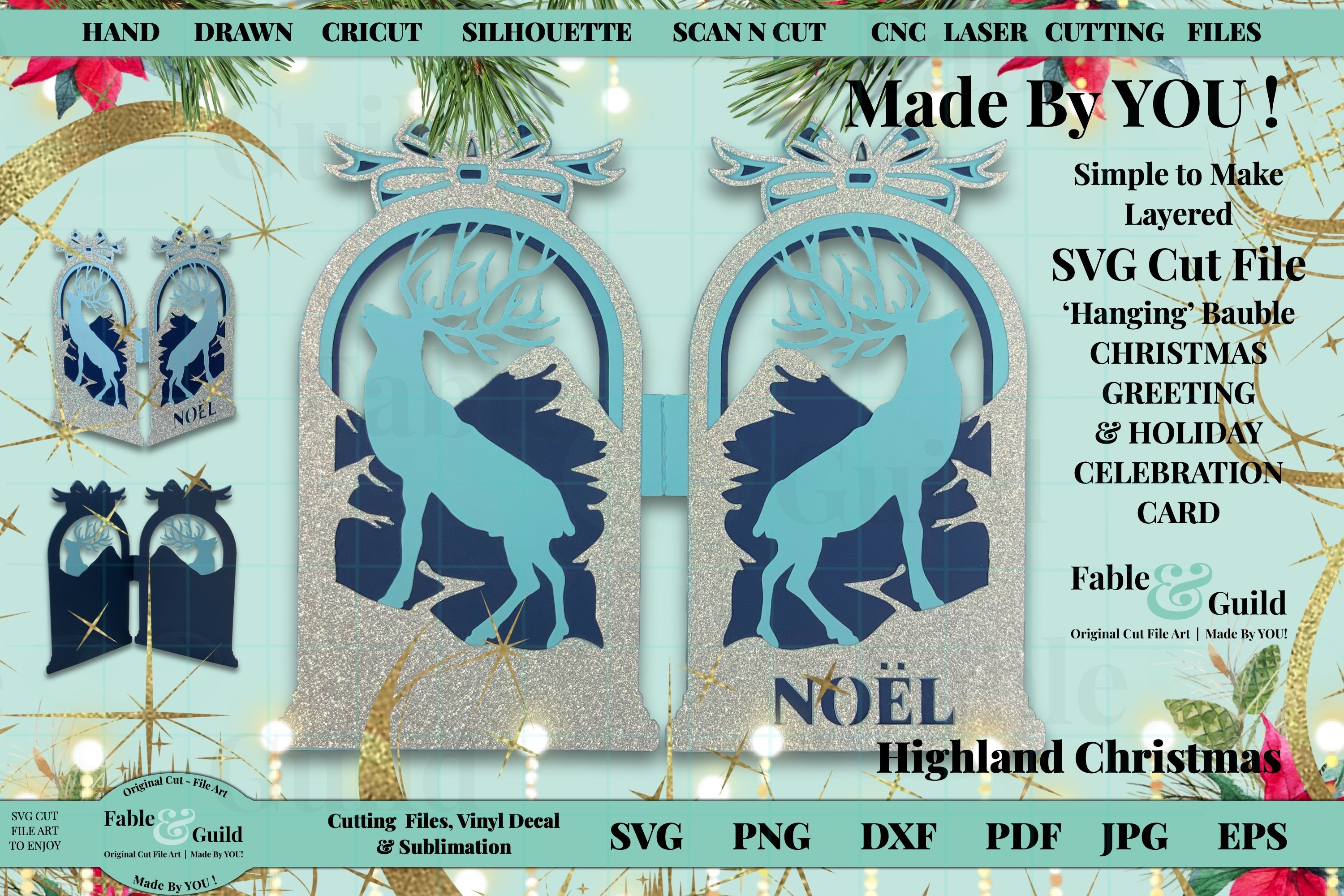 Reindeer Christmas Card SVG - Layered 3D Cutting File Cricut