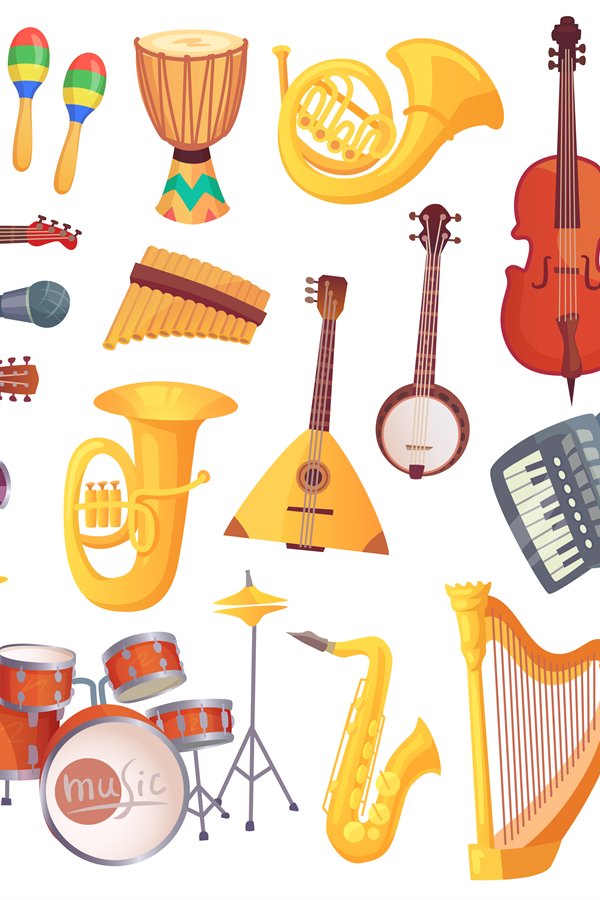 Cartoon musical instruments, guitars, bongo drums, cello, sa