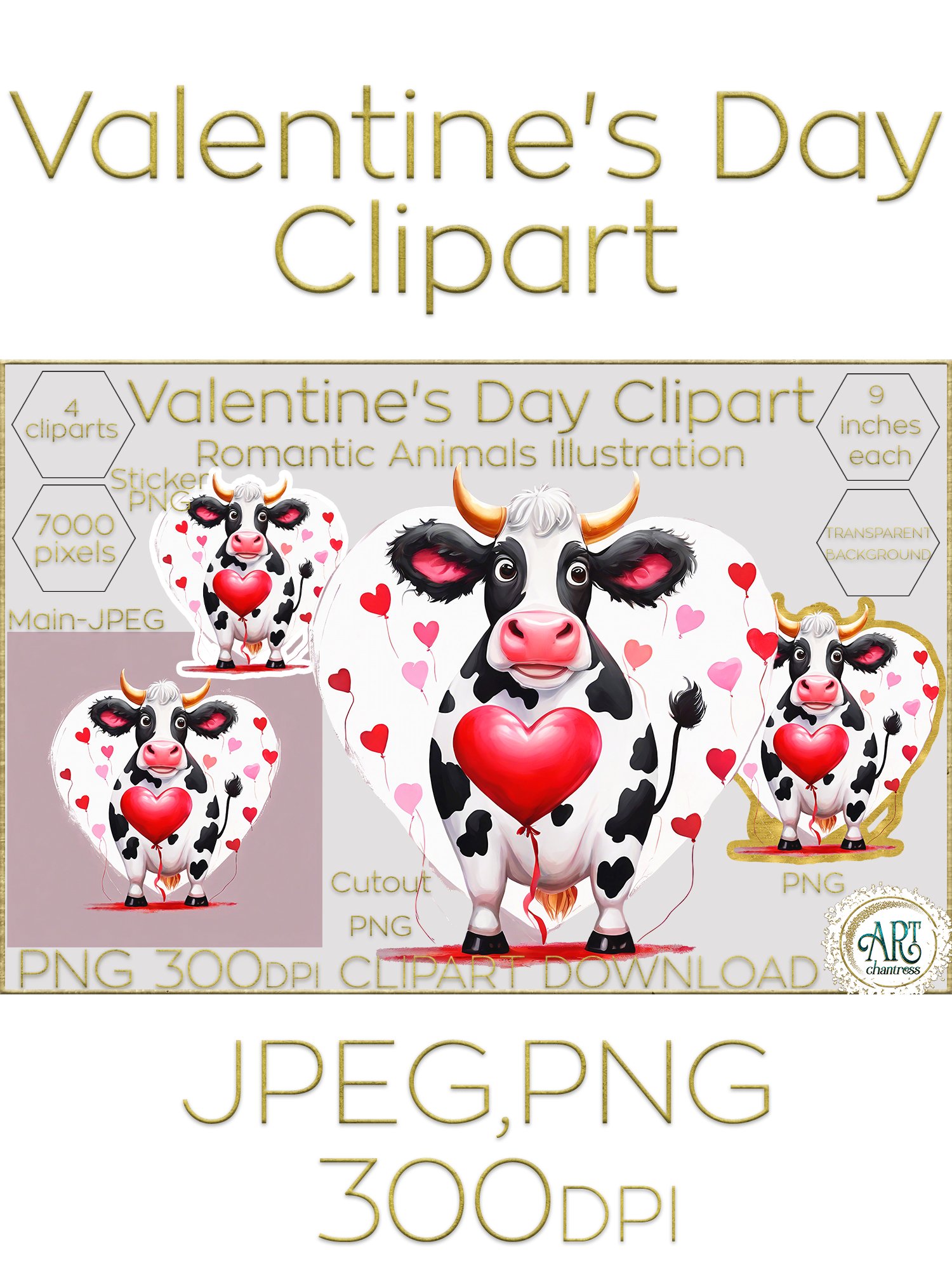 Valentines Day Animal Clipart Cow Love Heart Balloons Decor