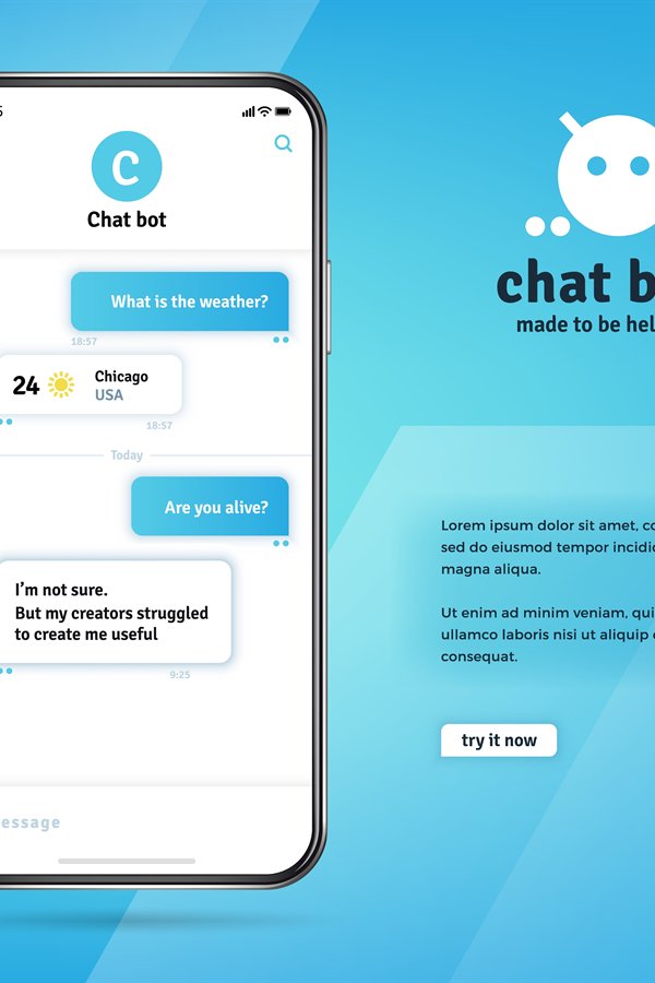 Online chatbot app with messages on realistic smartphone scr