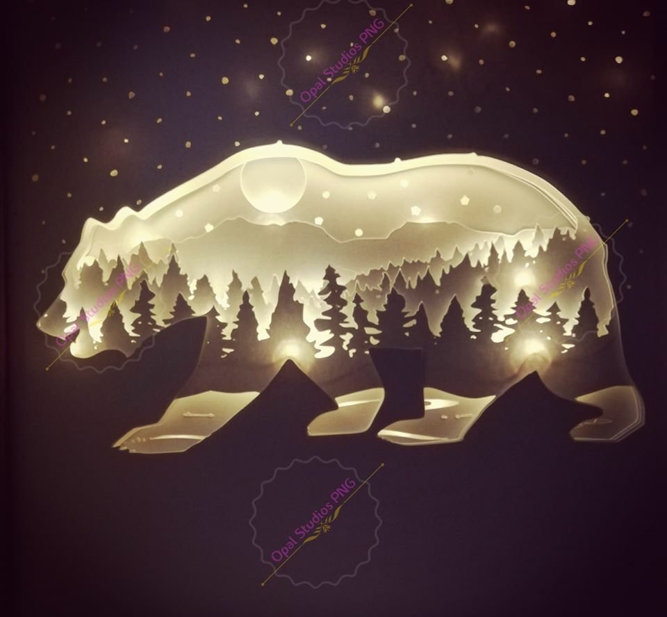 Forest bear mountains nature 3d layered shadow box light box