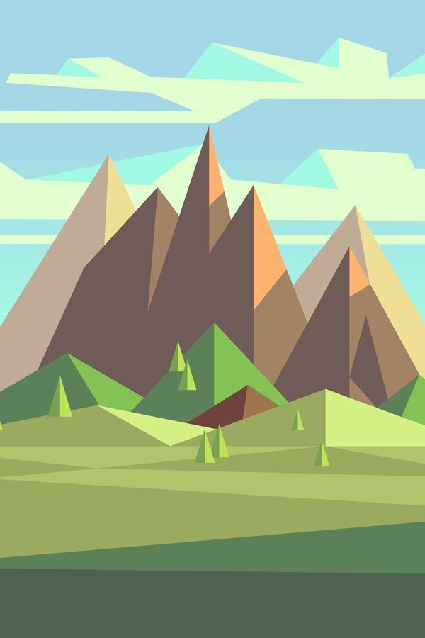 Origami landscape in 3d low poly style with mountains, trees