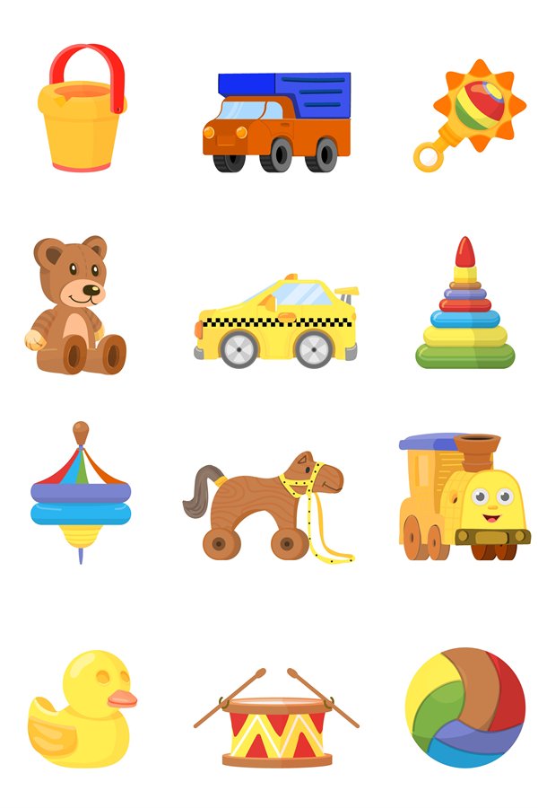 Cartoon kids toys. Plastic toy animal, wooden horse for chil