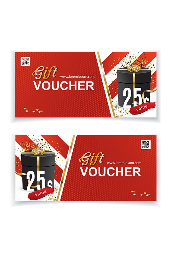 Vector red striped voucher with black gift. Gold ribbon