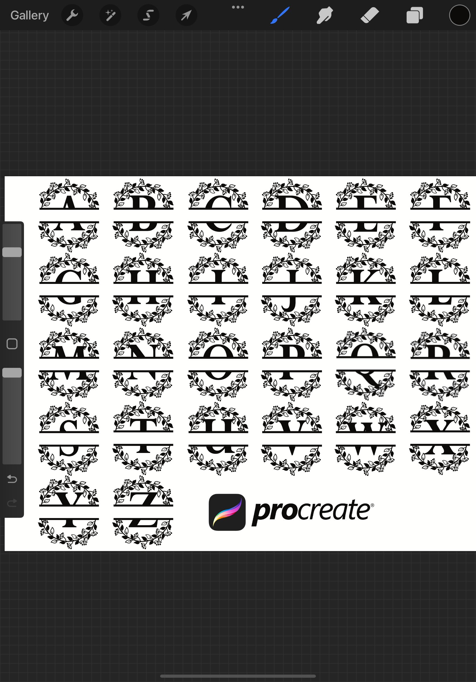 Floral Monogram Alphabet Procreate Brush Stamps, 26 Letters