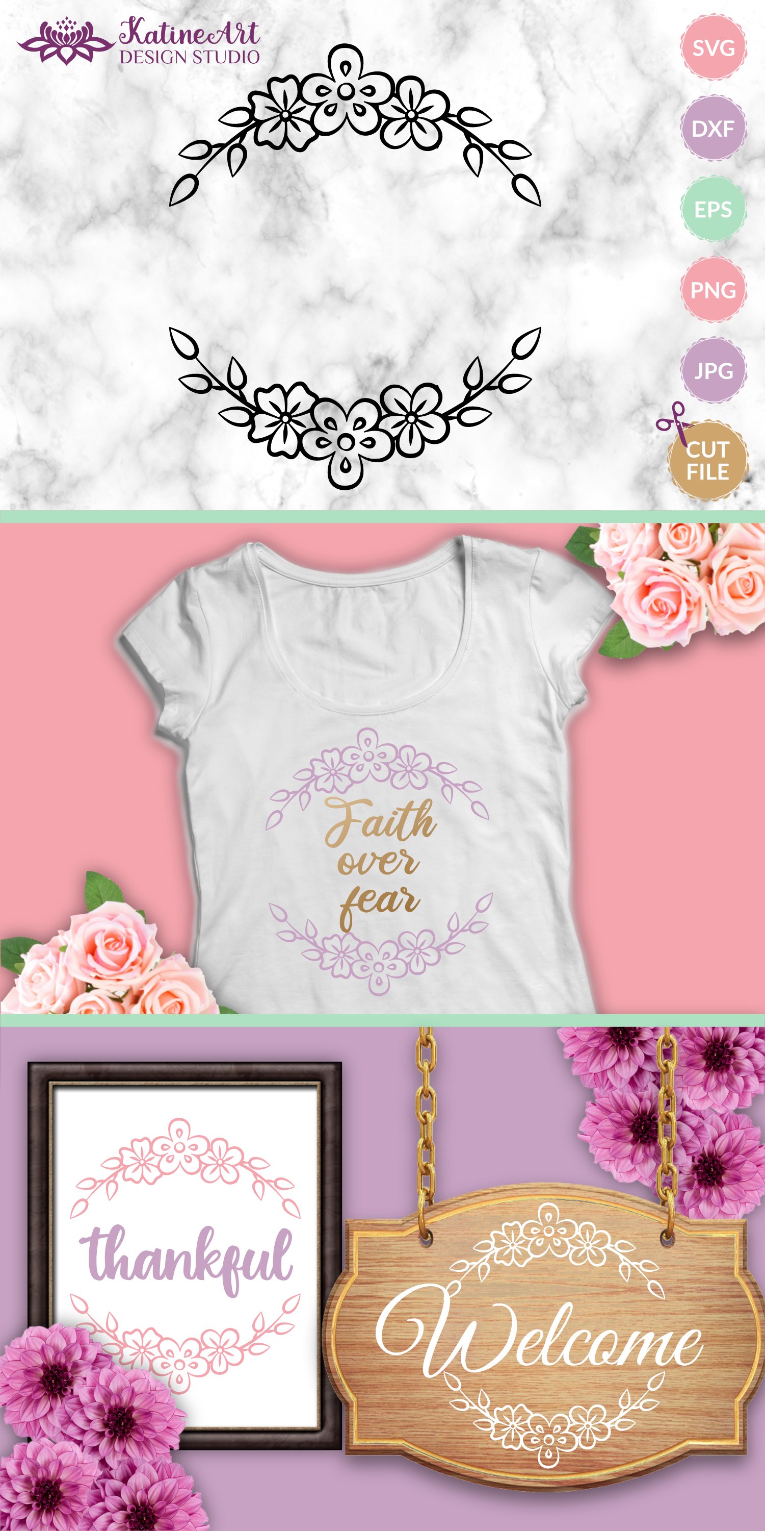 Flower border svg circle monogram floral frame cut file