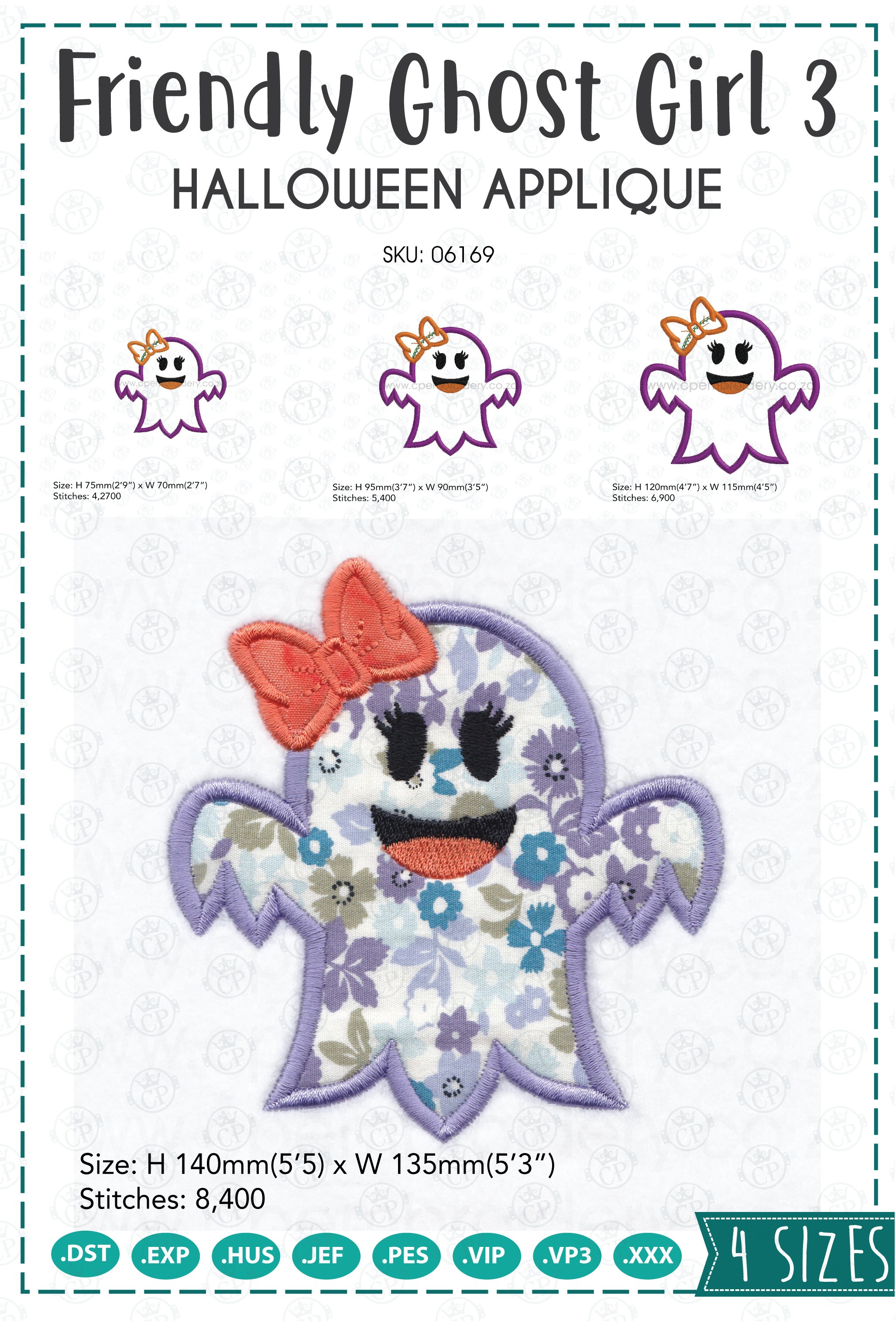 Friendly Ghost Girl 3 Halloween Appliqué Embroidery Design