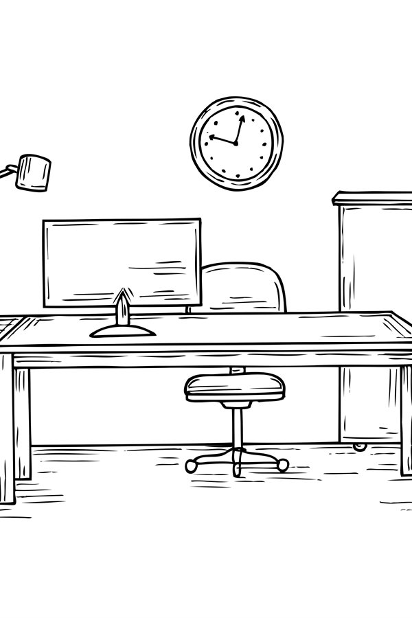 Hand drawn office. Sketch desk with chair computer and lamp.