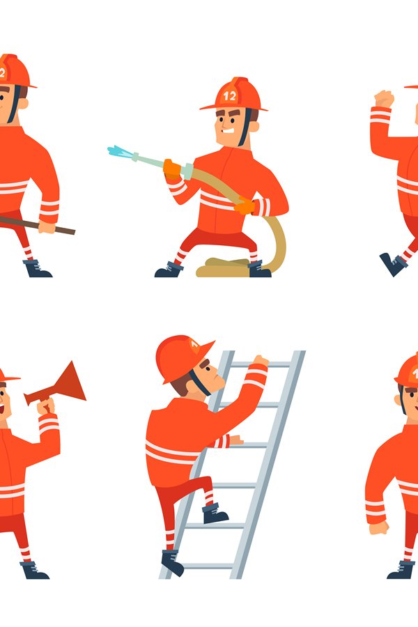 Fireman on the work. Different action poses