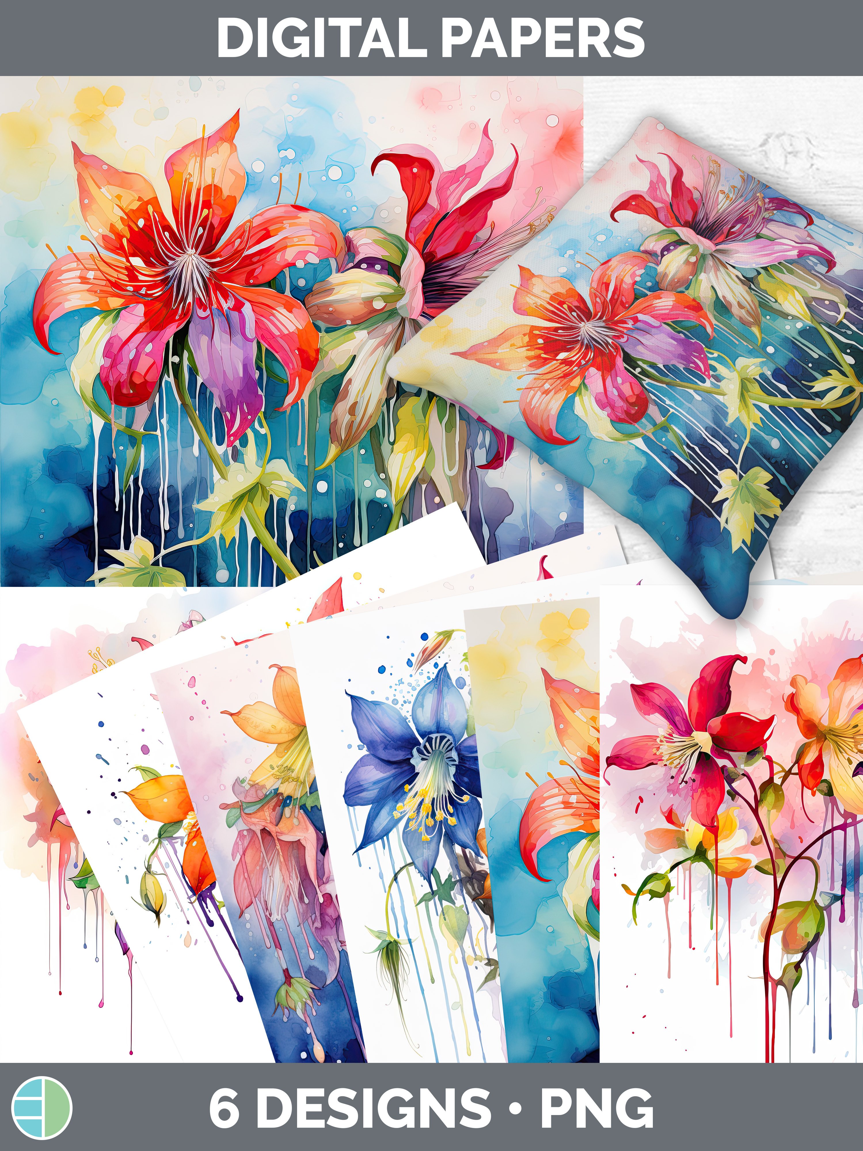 Splat Rainbow Columbine Flowers Paper Backgrounds | Bundle D