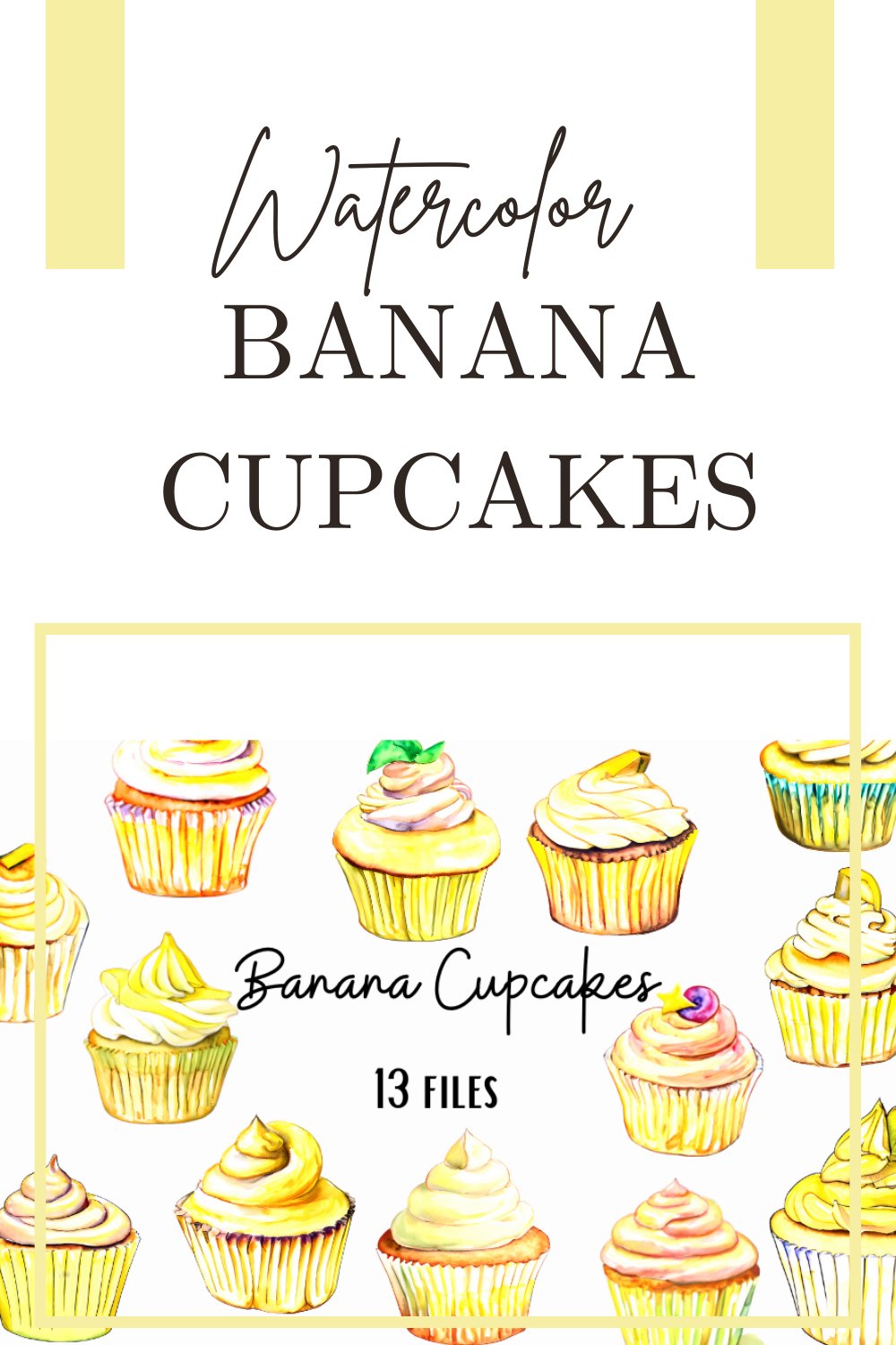 Watercolor Banana Cupcakes Clipart, Muffins Clipart